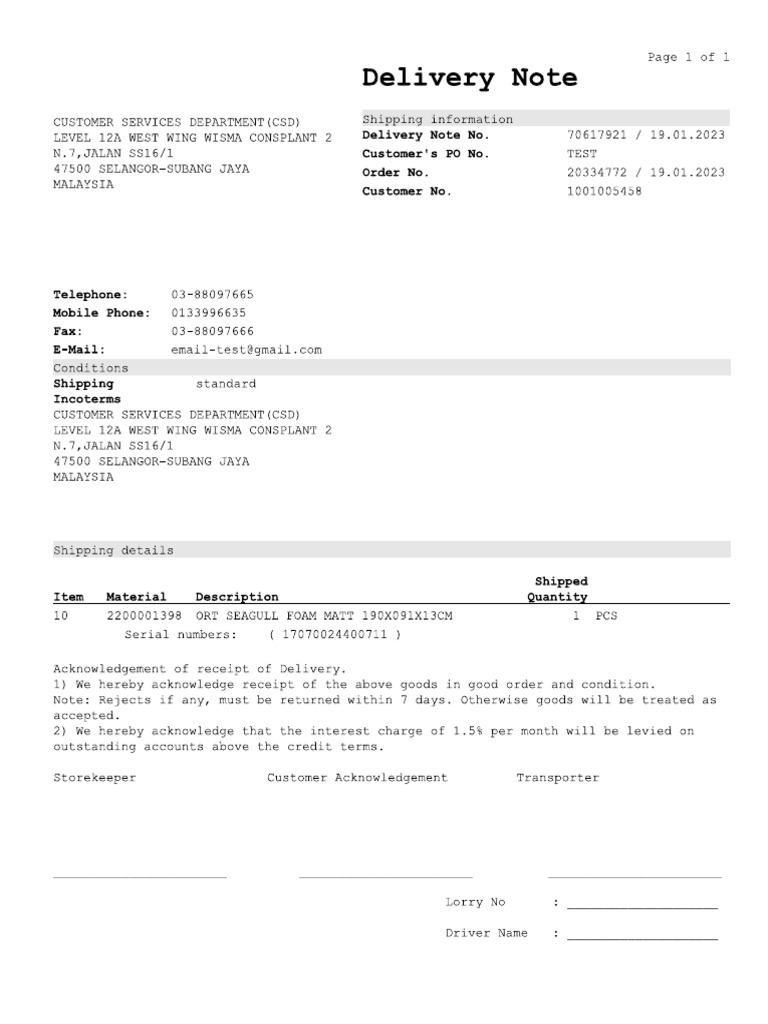 Delivery Note 70617921 | PDF