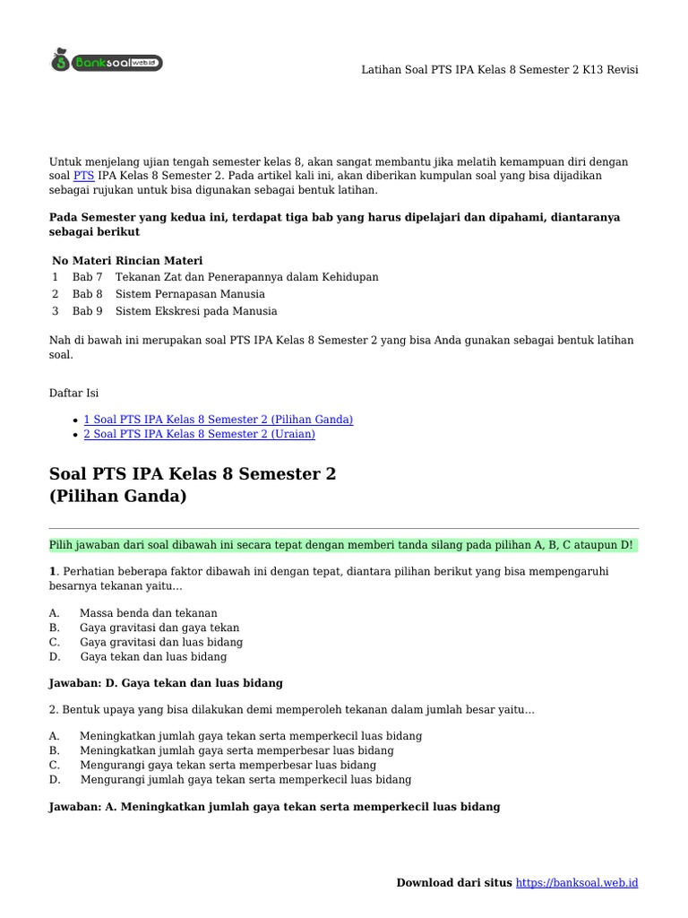 Latihan Soal PTS IPA Kelas 8 Semester 2 K13 Revisi | PDF