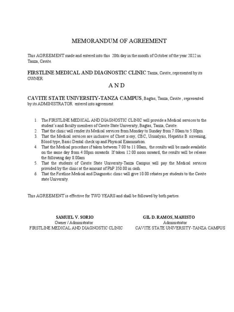 MEMORANDUM OF AGREEMENT First Line | PDF