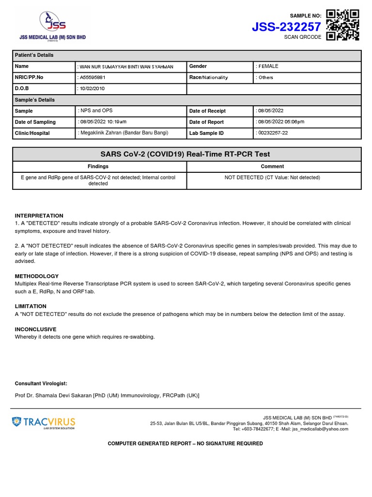 COVID-19 PCR Test Result: Not Detected | PDF