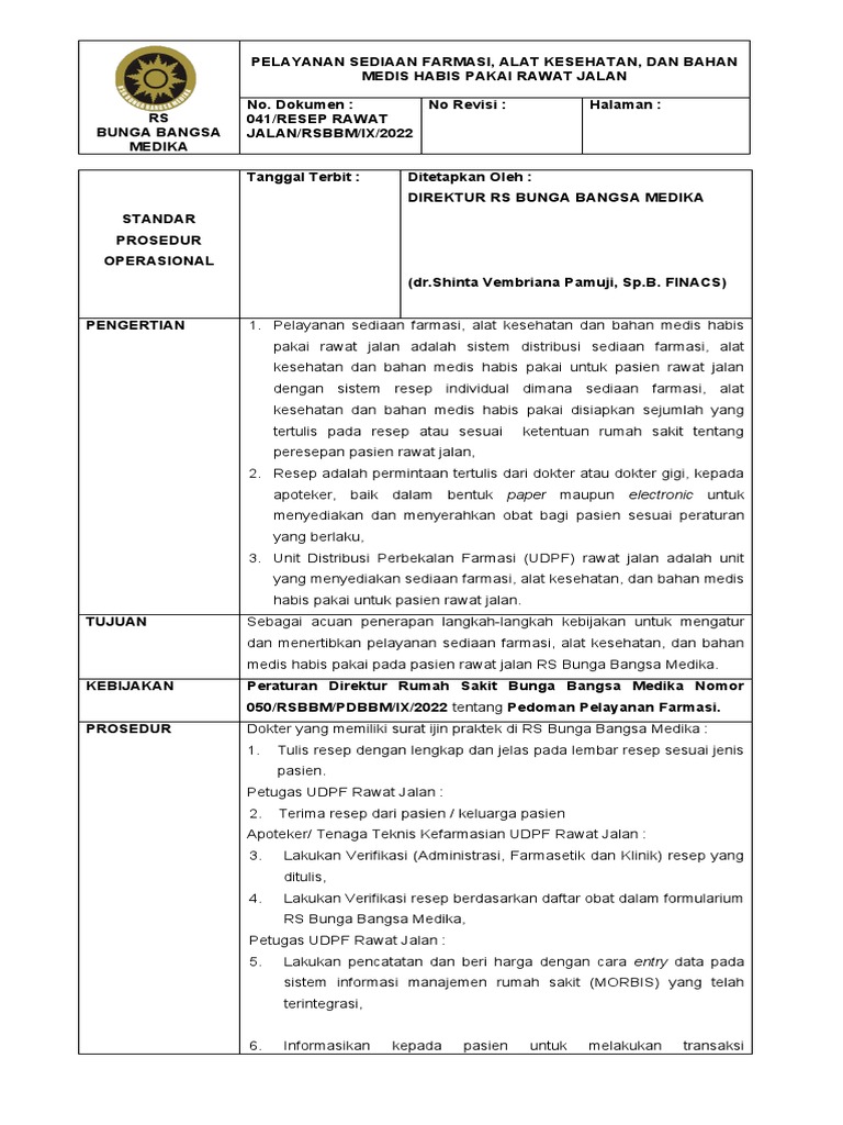 Sop Pelayanan Resep Rawat Jalan Pdf