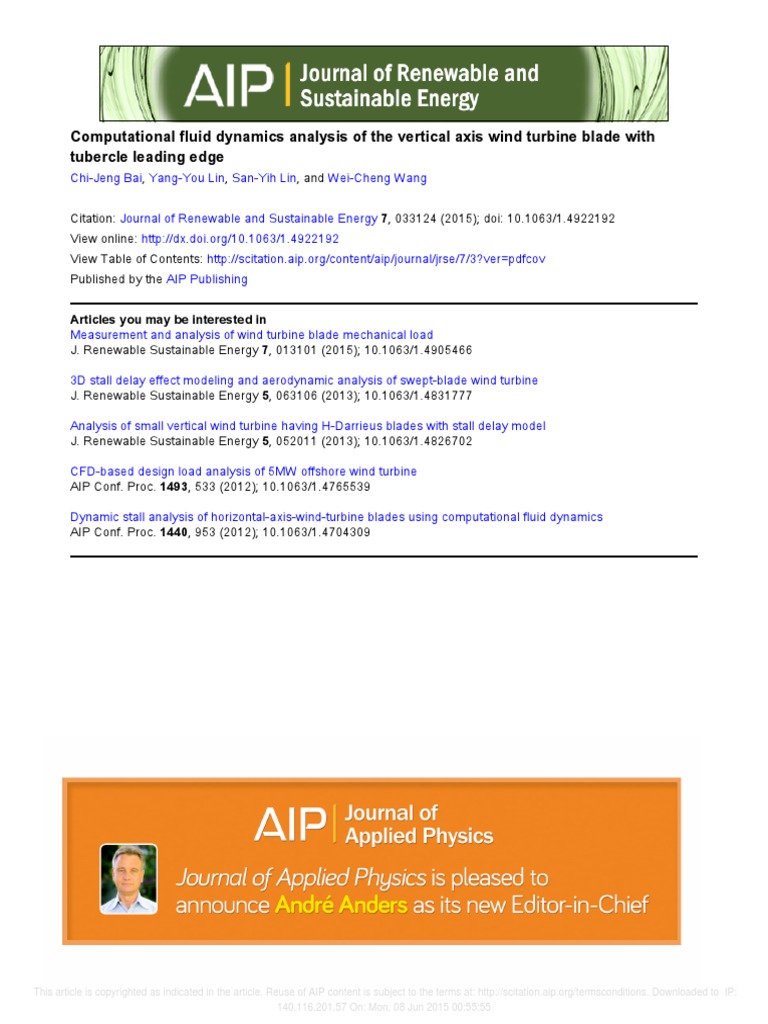 Computational Fluid Dynamics Analysis Of The Vertical Axis Wind Turbine Blade With Tubercle