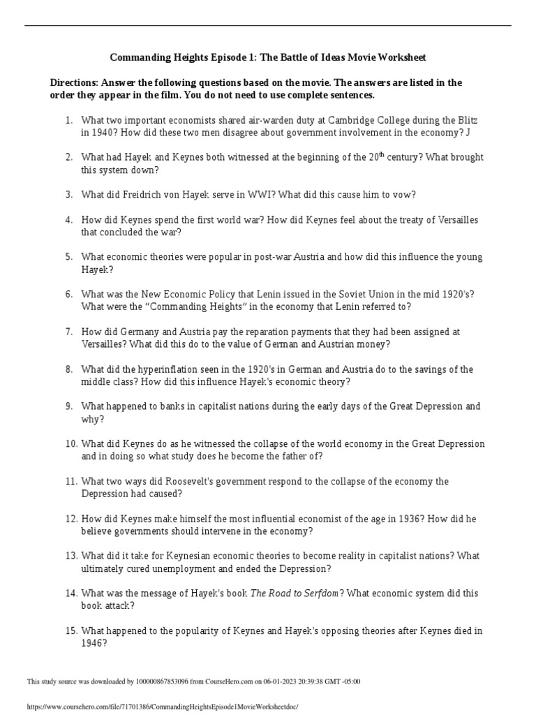 Commanding Heights Episode 1 Movie Worksheet | PDF | John Maynard ...