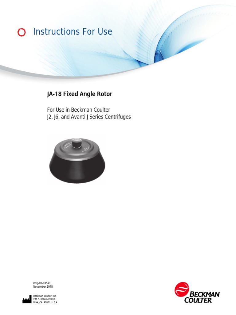 Instructions For Use: JA-18 Fixed Angle Rotor | PDF | Centrifuge ...