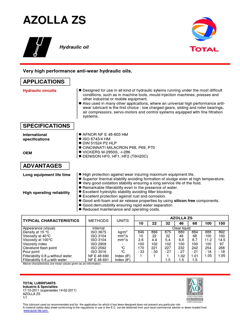 Azolla ZS 46 Hydraulic Oil Overview | PDF | Materials | Liquids
