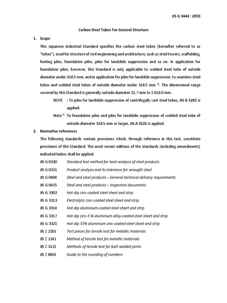 Jis G 3444 - 2010 | PDF | Pipe (Fluid Conveyance) | Construction