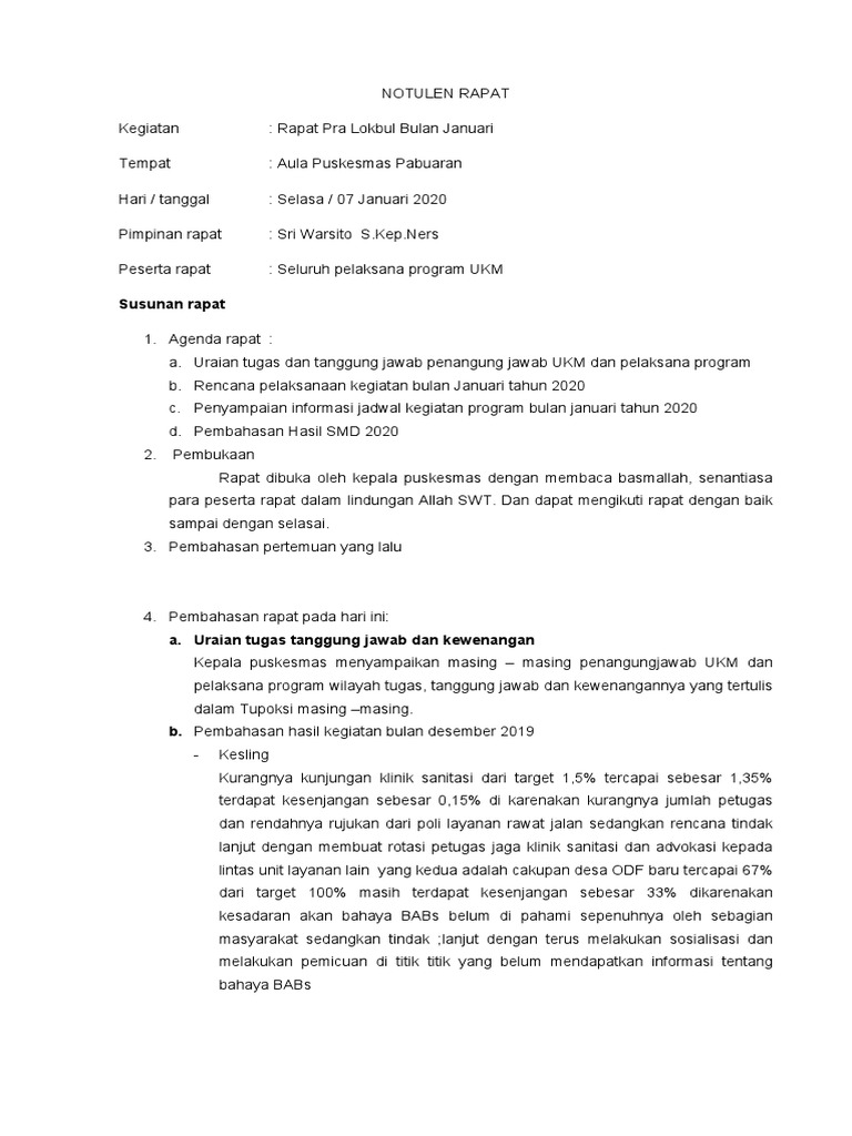 Notulen Rapat Pra Lokbul Puskesmas Januari | PDF