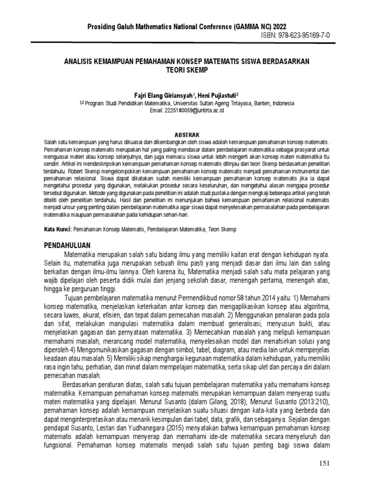 Analisis Kemampuan Pemahaman Konsep Matematis Siswa Berdasarkan Teori Skemp | PDF