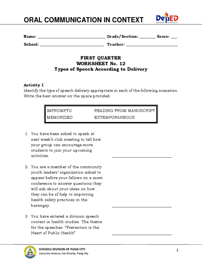 Types of Speech Delivery Worksheet | PDF | Career & Growth | Social Science