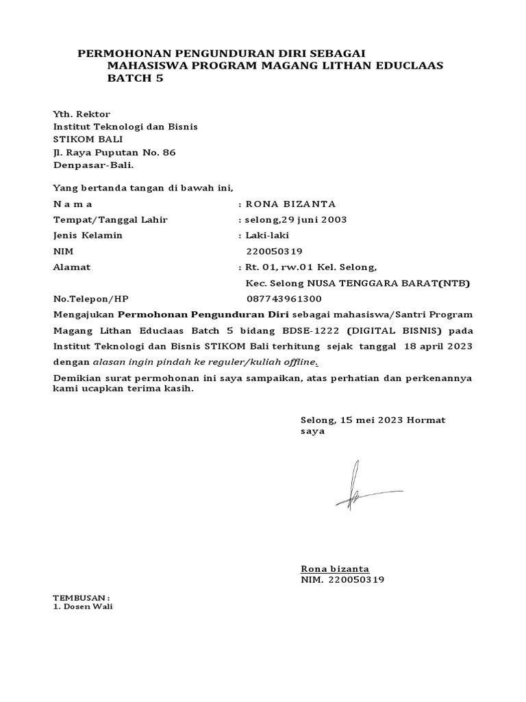 Surat Pengunduran Diri Lithan | PDF