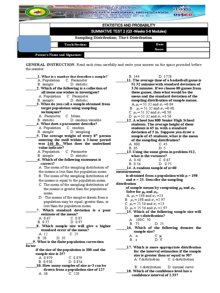 Q3 - Summative Test2 - Statprob 2022 2023 | PDF | Standard Error ...
