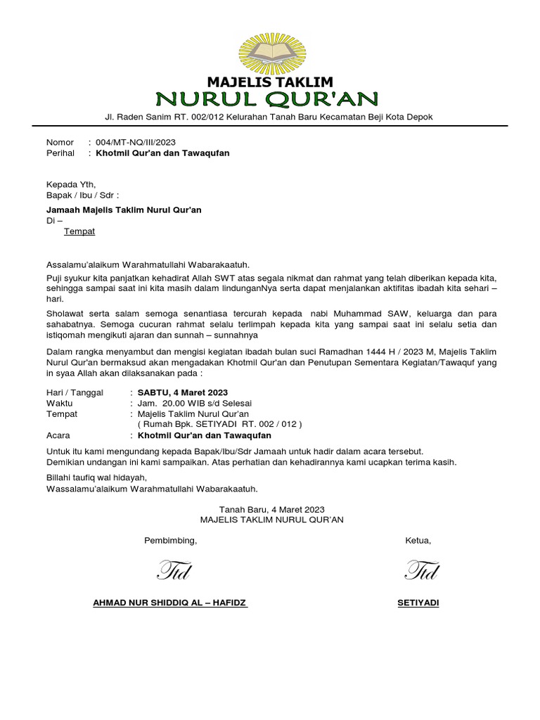 Undangan Khotmil Qur'an dan Tawaquf | PDF