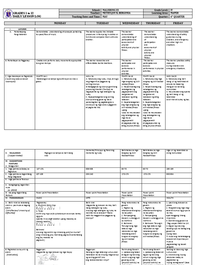 DLL - Mapeh 4 - Q4 - W1 | PDF