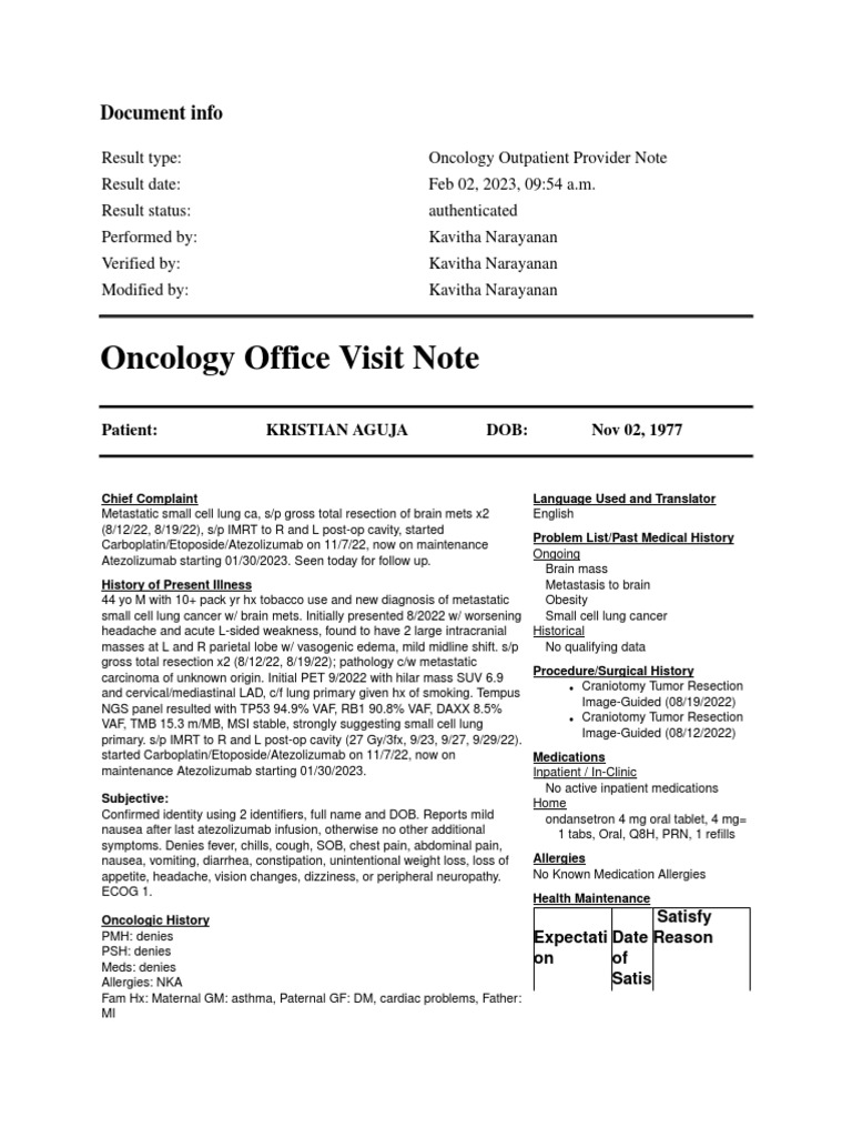 Oncology Outpatient Provider Note 02-02-2023 | PDF | Metastasis | Cancer