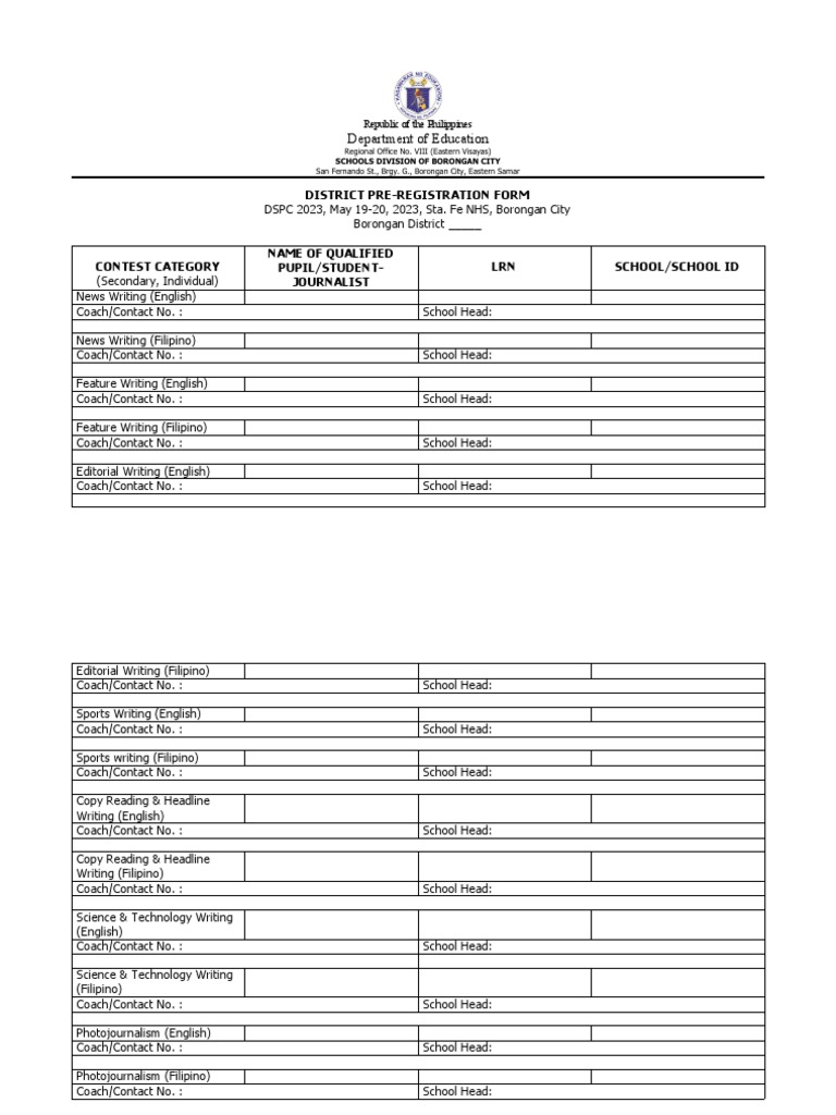 District Pre Registration Form Secondary | PDF
