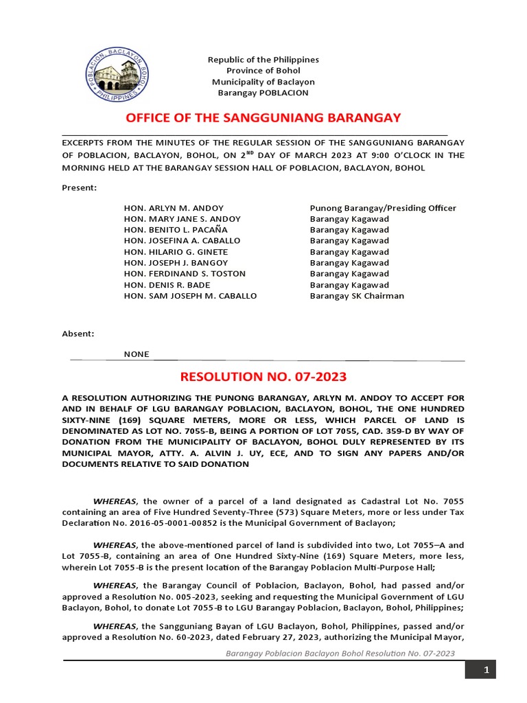 Reso 07 - Accepting Land Donation | PDF | Government