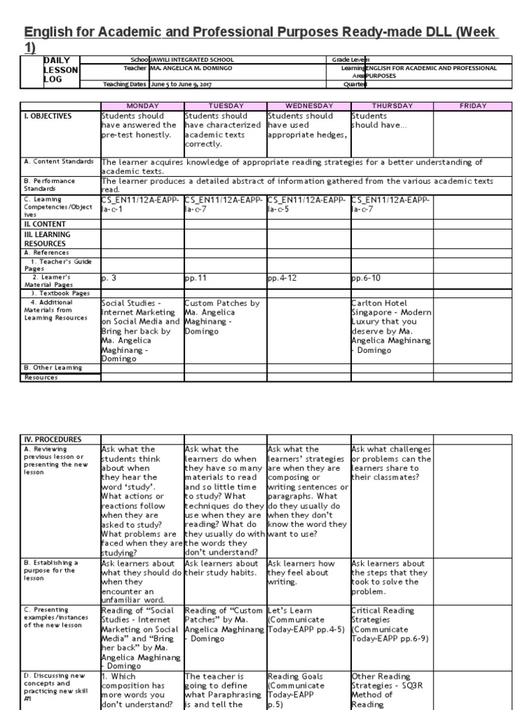 Eapp Week 1 DLL | PDF | Learning | Linguistics Eapp Week 1 DLL | PDF | Learning | Linguistics