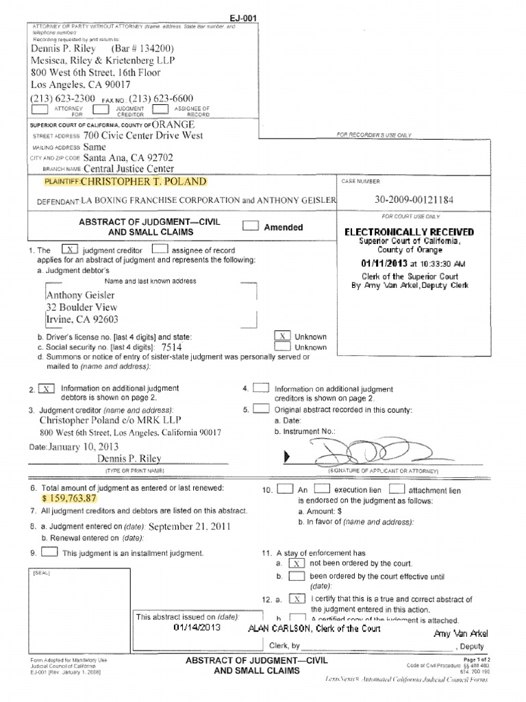 Poland v. LA Boxing Francise & Geisler, Anthony - Case No 30-2009 ...
