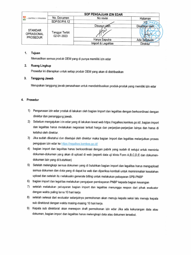 4.12 SOP Pengajuan Izin Edar | PDF
