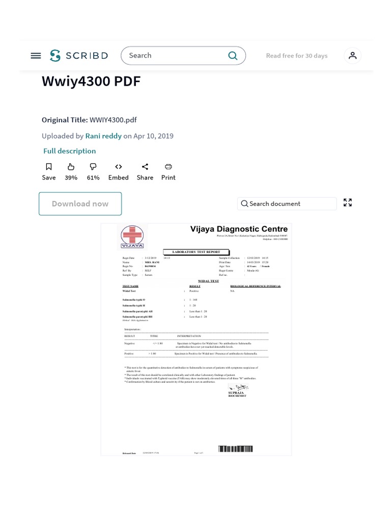 Widal Test and Complete Blood Picture Report | PDF | White Blood Cell ...