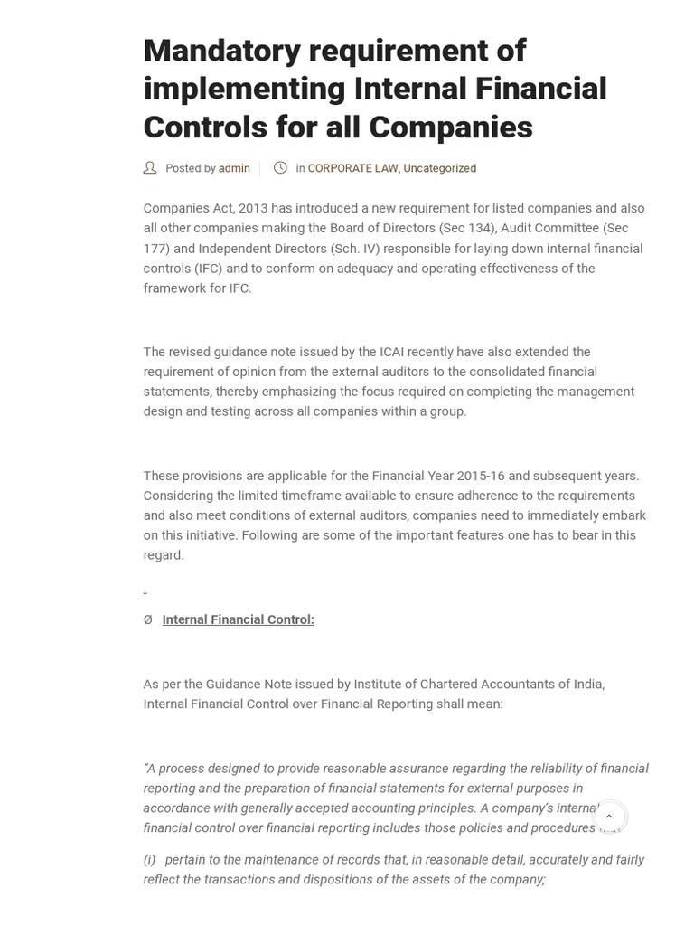 Mandatory Requirement of Implementing Internal Financial Controls For ...