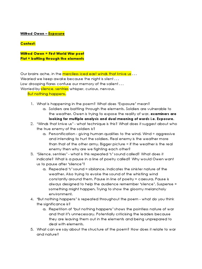 Analyzing Wilfred Owen's "Exposure" | PDF | Poetry | Poetic Devices