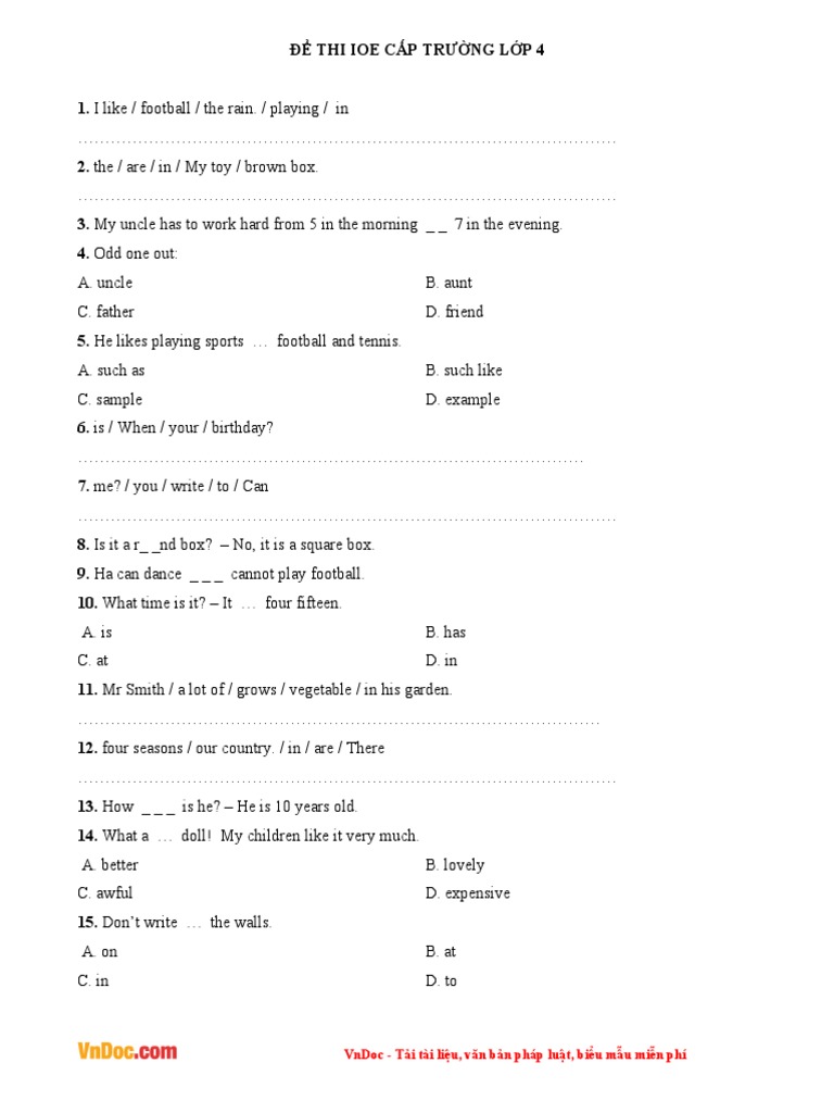 Bai Tap Luyen Thi Ioe Lop 4 | PDF