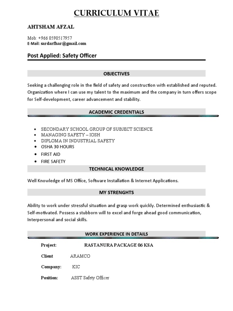 Safety Officer CV - Ahtsham Afzal | PDF | Occupational Safety And ...