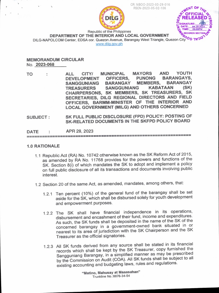 MC No. 2023-068 - SK Full Public Disclosure (FDP) Policy | PDF