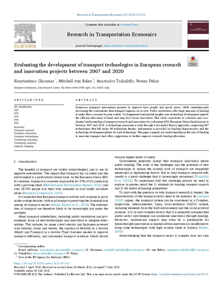 Evaluating The Development of Transport Technologies I - 2022 ...