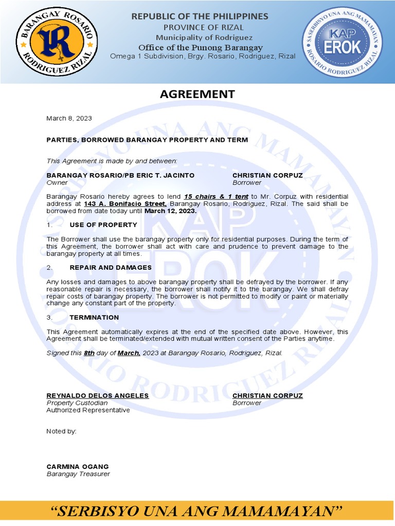 Barangay Property Loan Agreement | PDF