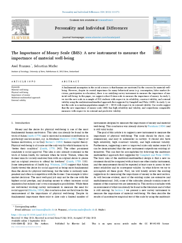 The Importance of Money Scale (IMS) | PDF | Validity (Statistics ...