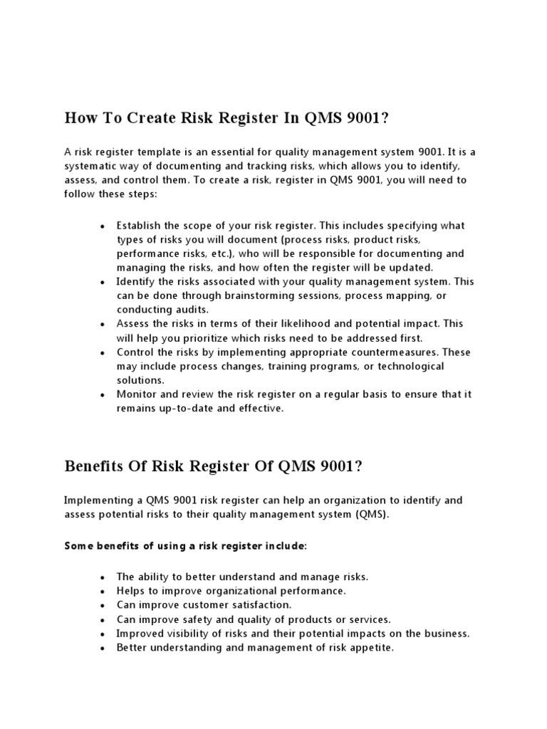 How To Create Risk Register in QMS 9001 | PDF | Career & Growth ...