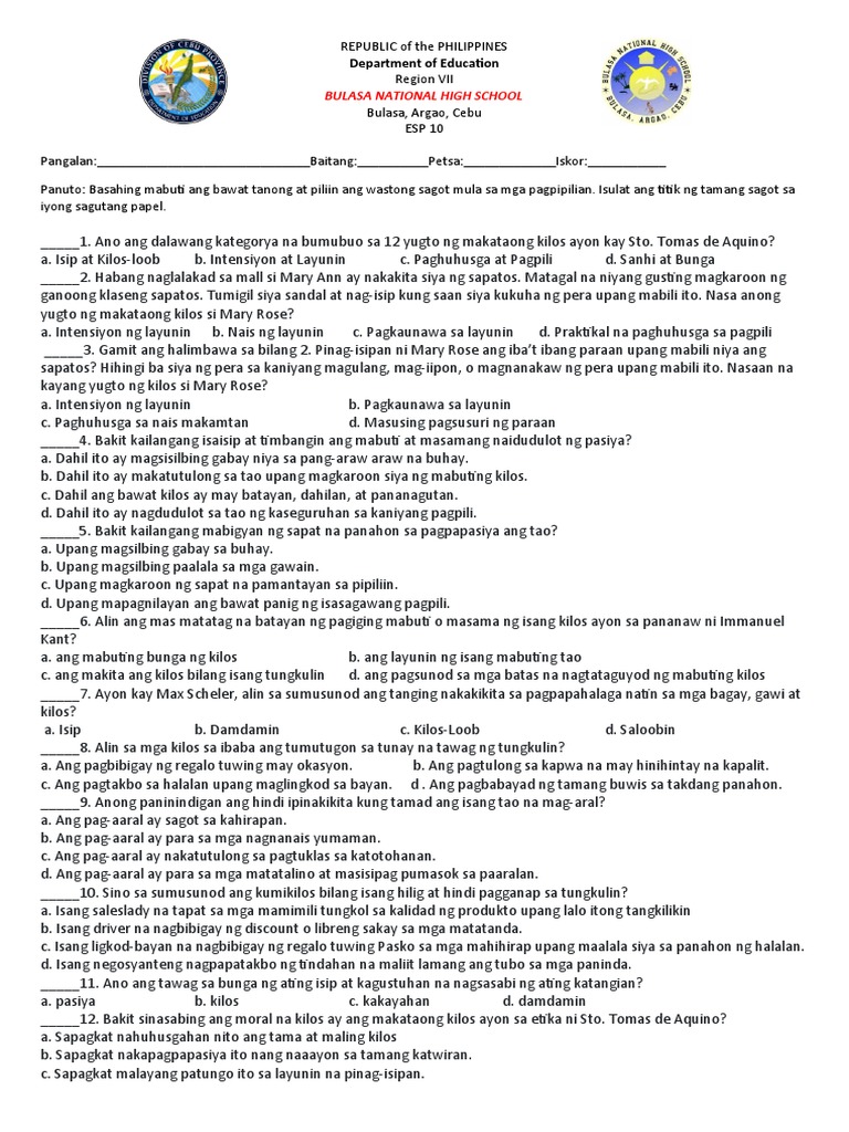 ESP QUARTER EXAM Q2 | PDF