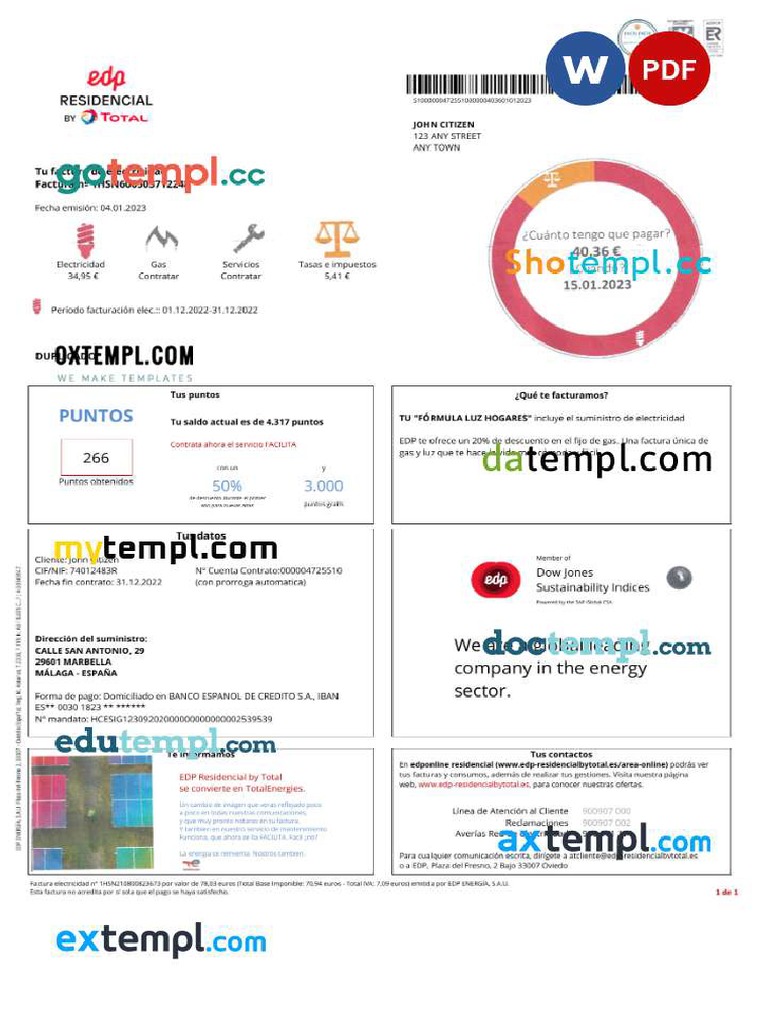 Spain EDP Utility Bill Word and PDF Template 1 | PDF