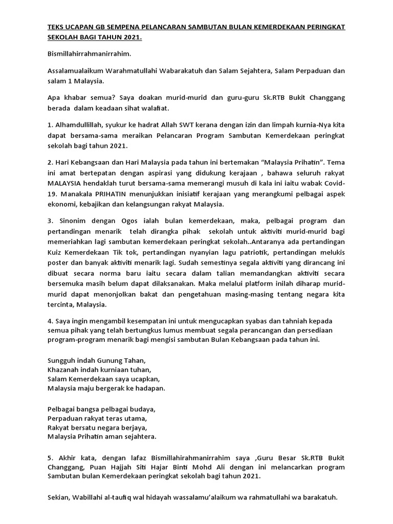 Teks Ucapan GB Sempena BLN Merdeka | PDF