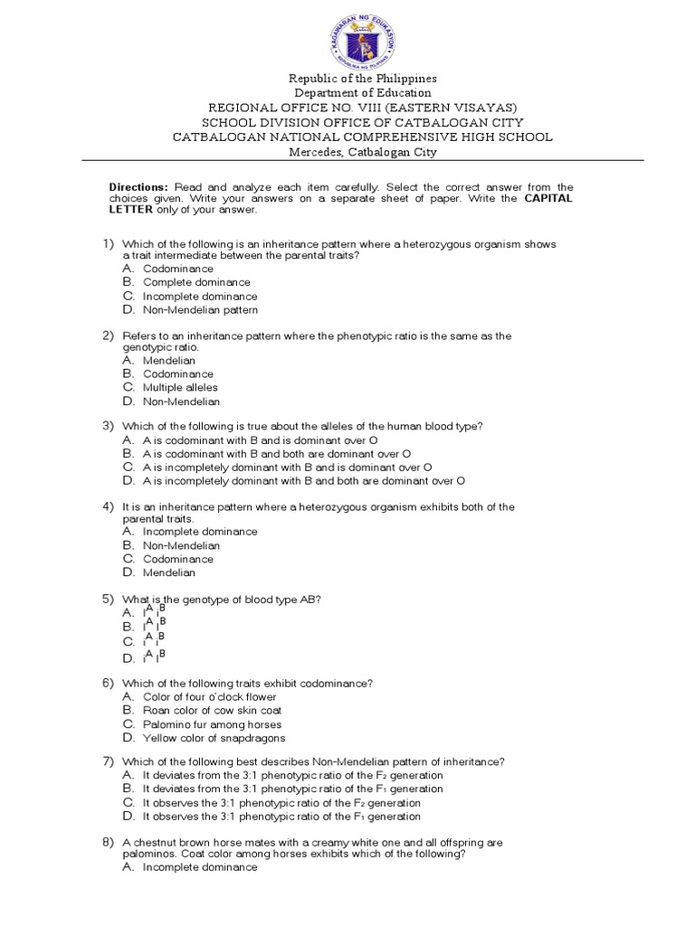 Inheritance Patterns Quiz for Students | PDF | Dominance (Genetics ...