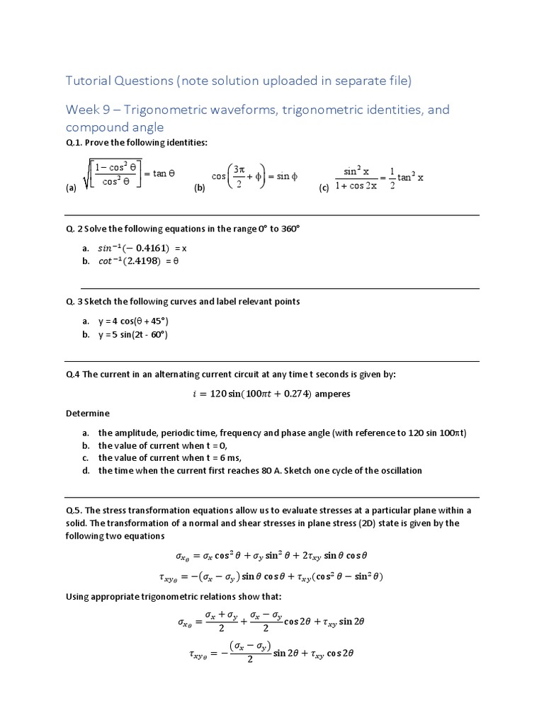 09 Trigonometric Waveforms and Identities Tutorial Questions Only | PDF ...