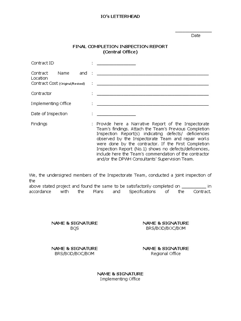 Final Completion Inspection Report | PDF | Quality | Evaluation