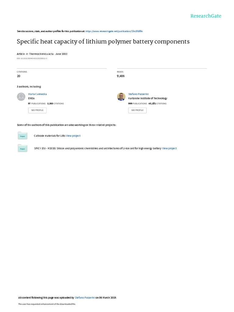Specific Heat Capacity of Lithium Polymer Battery Components ...