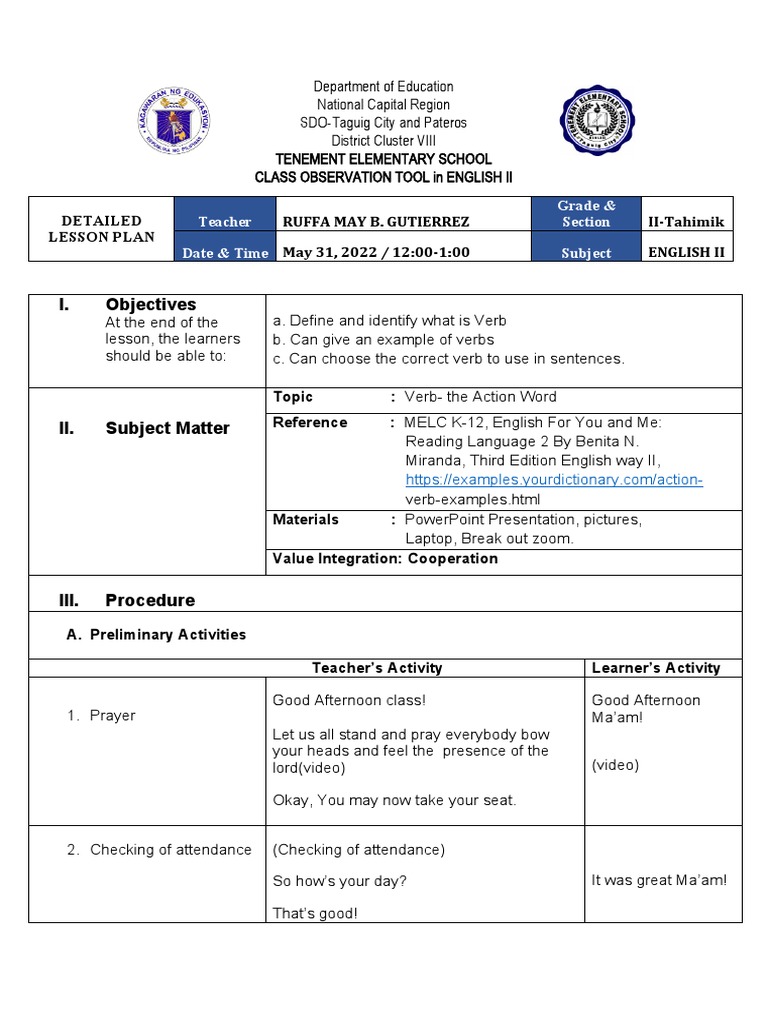 Cot 2 Detailed Lesson Plan in English | PDF | English Language | Lesson ...
