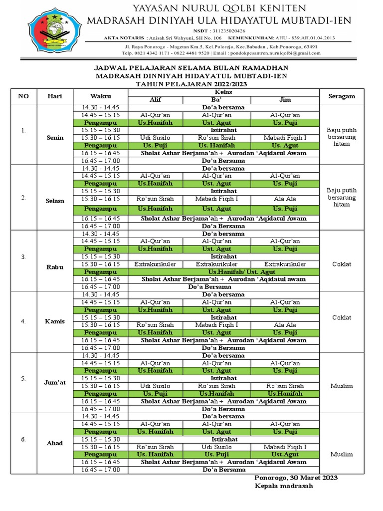 Jadwal Pelajaran Ramadhan | PDF