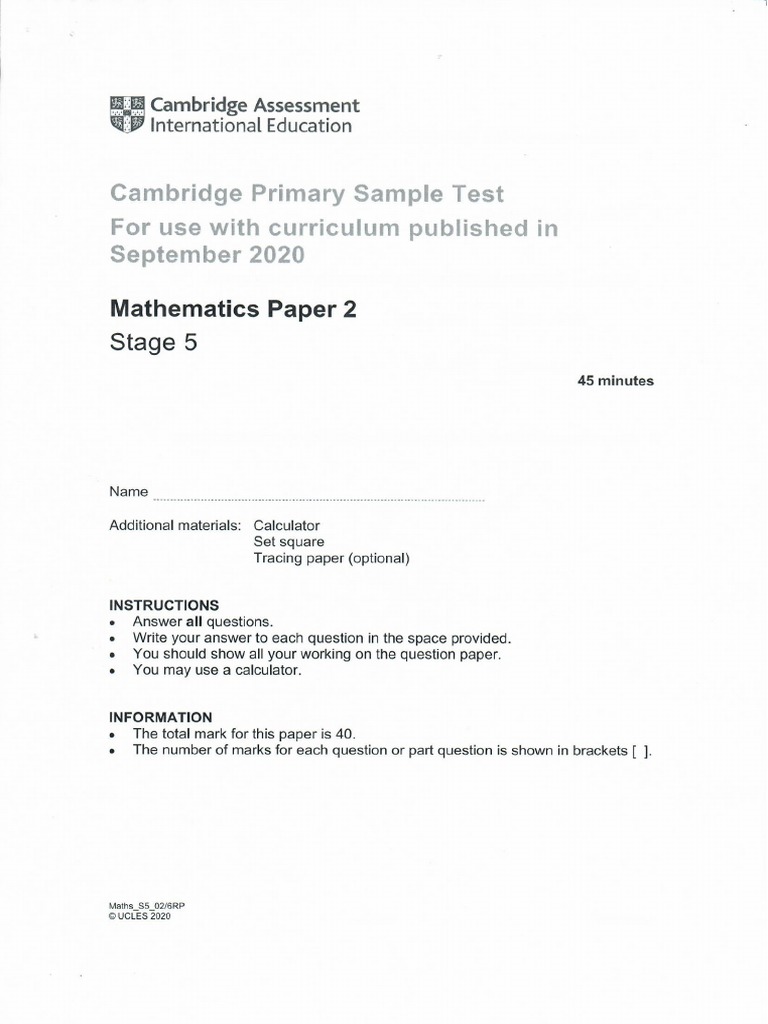 Mathematics Stage5 Paper02 2020 Sample Test | PDF