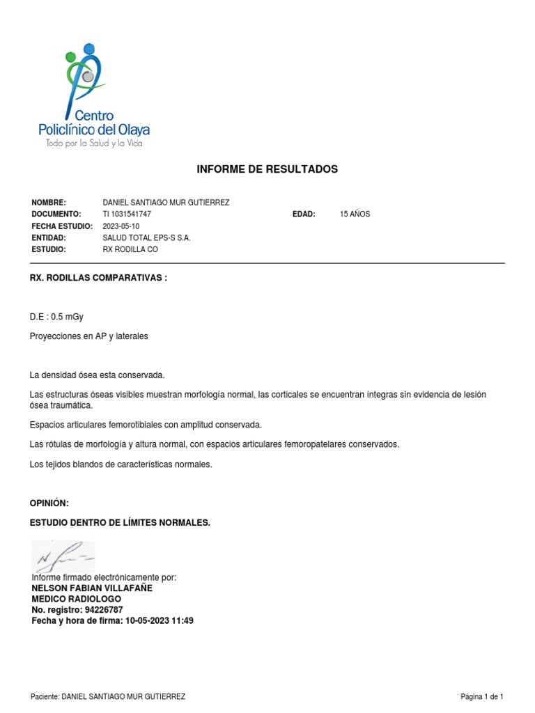 RX de Rodillas: Informe Normal | PDF | Relaciones personales, crianza y ...