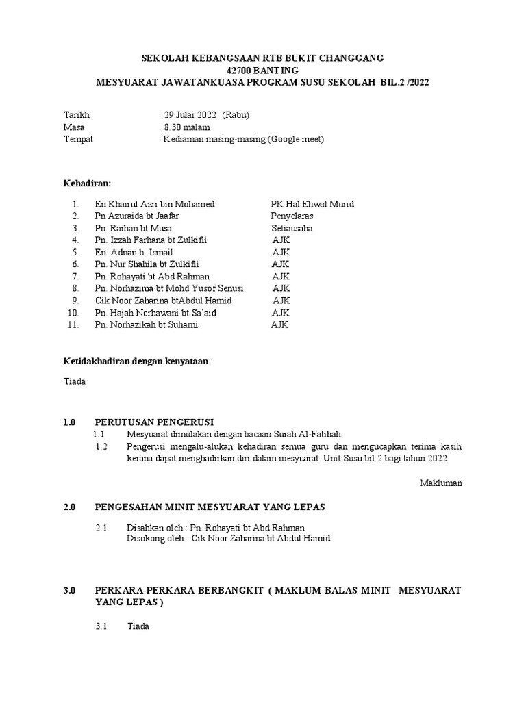 Minit Mesyuarat Susu Bil 2 2022 | PDF