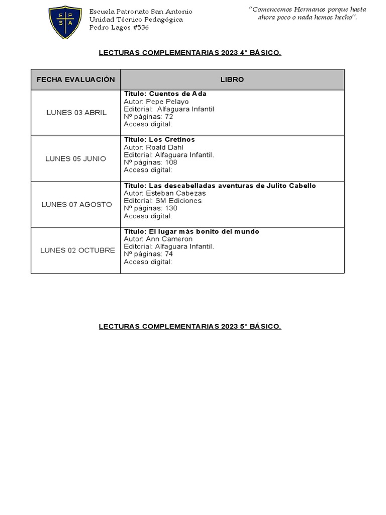 Propuesta Lecturas Complementarias 2023 - 4º A 8º Básico | PDF