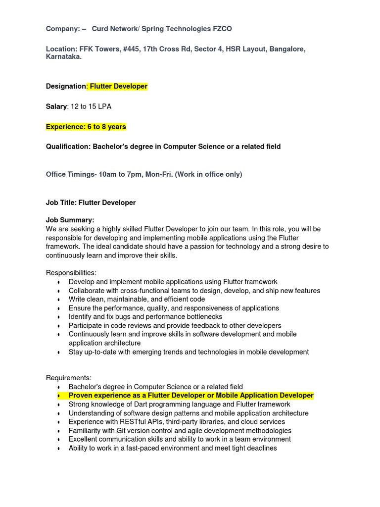 Flutter Developer Position in Bangalore | PDF