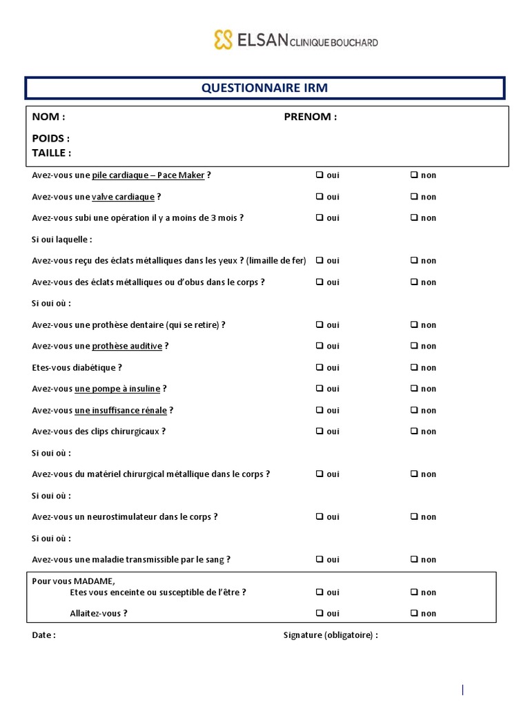 Questionnaire IRM | PDF