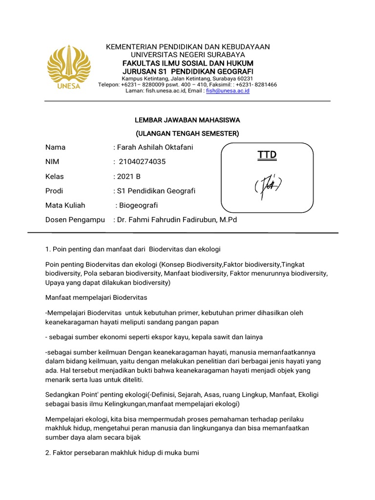 21B - 035 - Farah Ashilah Oktafani - UTSBIOGEOGRAFI | PDF