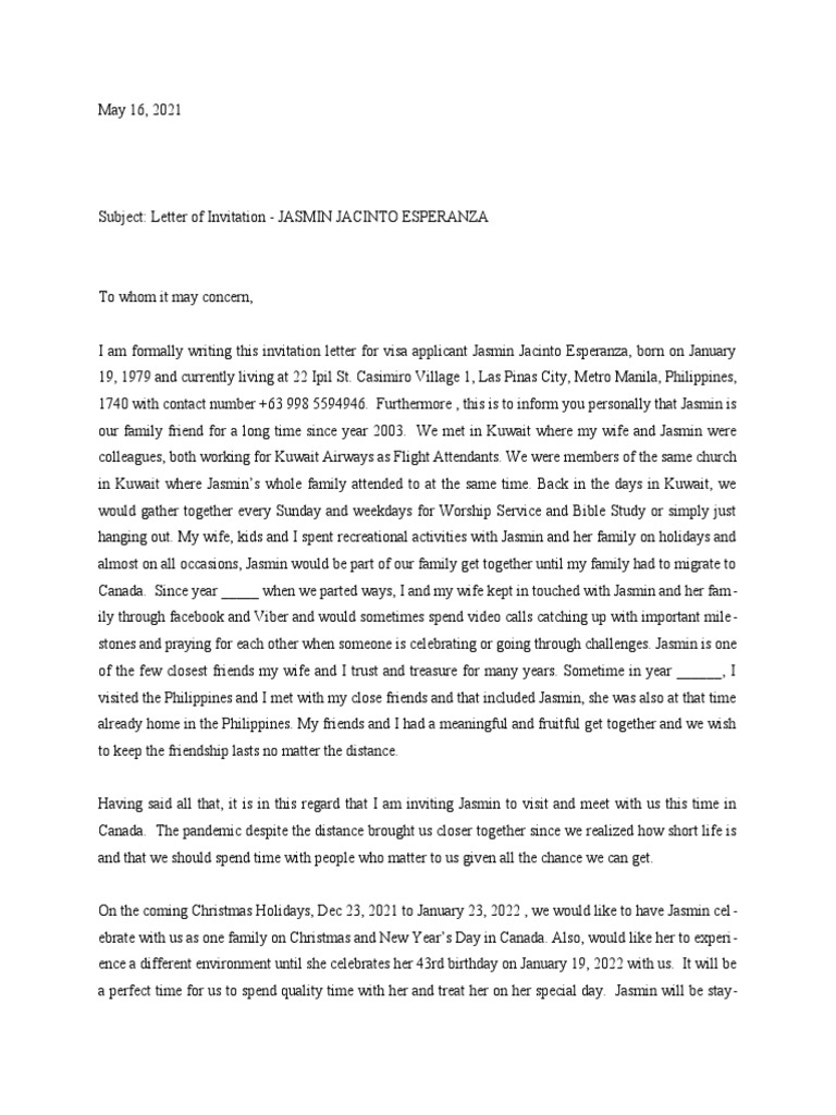 Letter of Invitation - Jasmin Esperanza | PDF